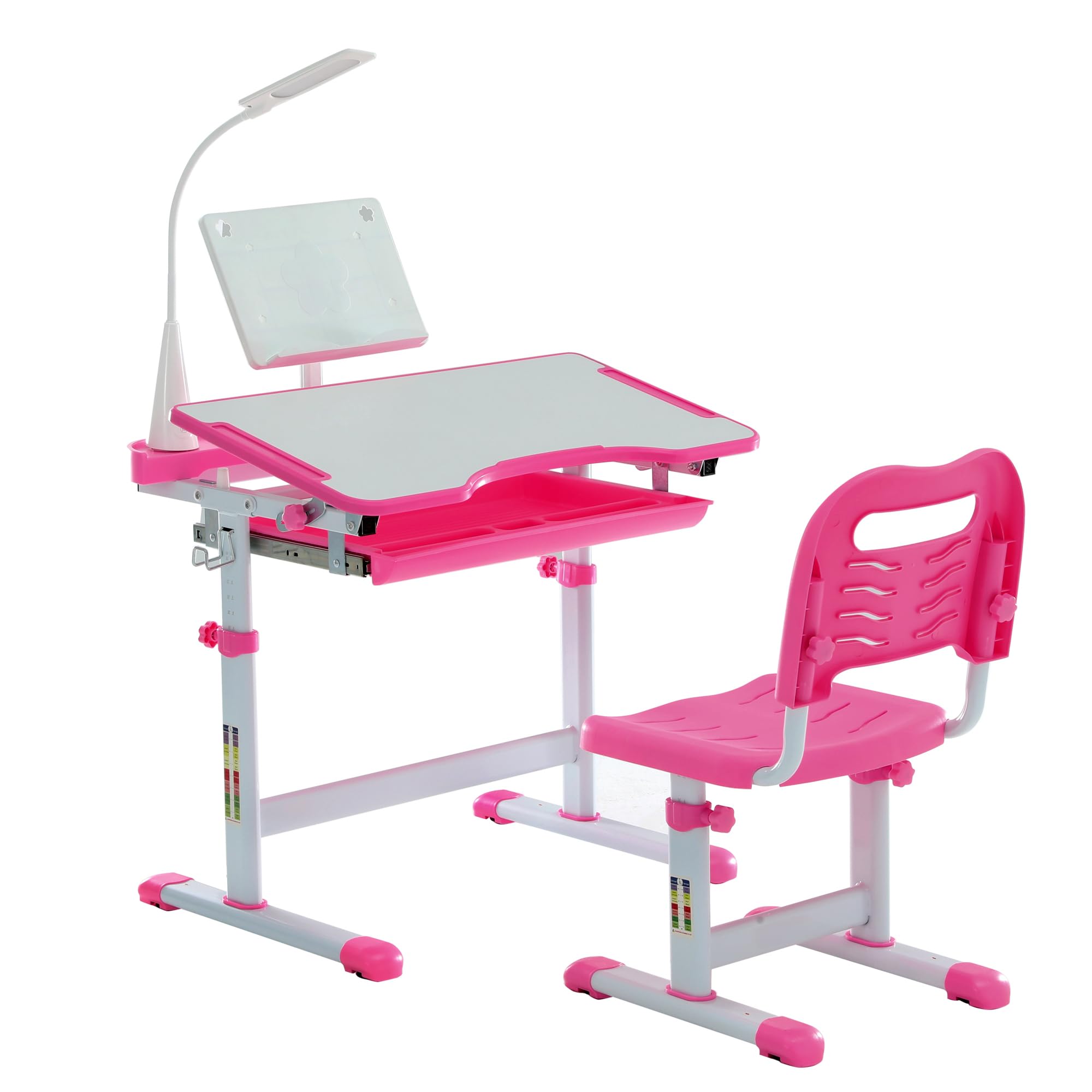 Gowxil Kids Study Desk and Chair Set, Multi Functional Height Adjustable Children School Study Desk with Tilt Desktop, Bookstand, LED Light, Metal Hook and Storage Drawer for Boys Girls, Pink