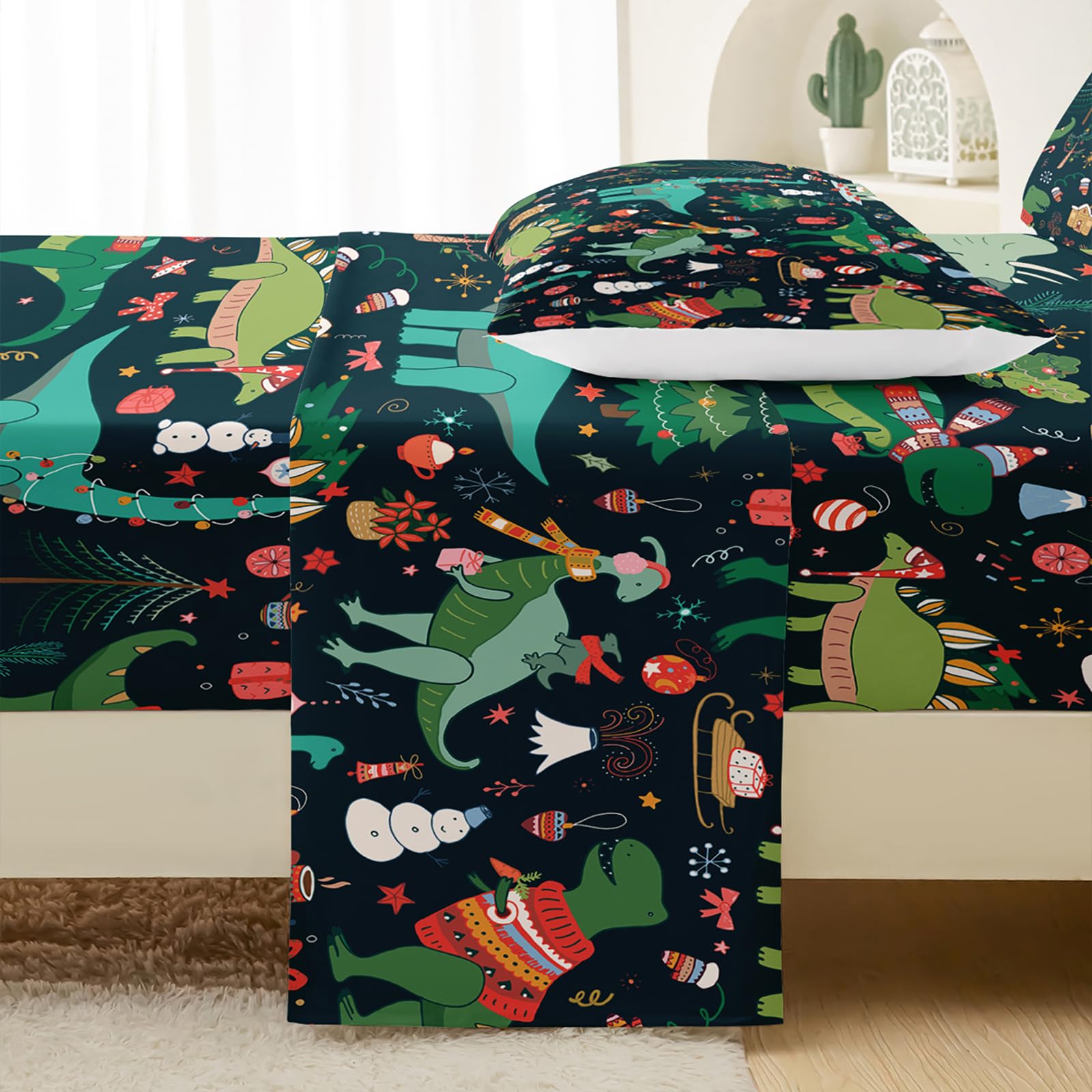 QOOMO Cartoon Dinosaur Sheets Set Queen Size,Dinosaurs Kids Sheets Set Set,Christmas Dinosaurs Printing Bedding Ultra Soft,Ultra Sheets Set Queen Size 1 Fitted Sheet, 1 Flat Sheet, 2 Pillow Cases