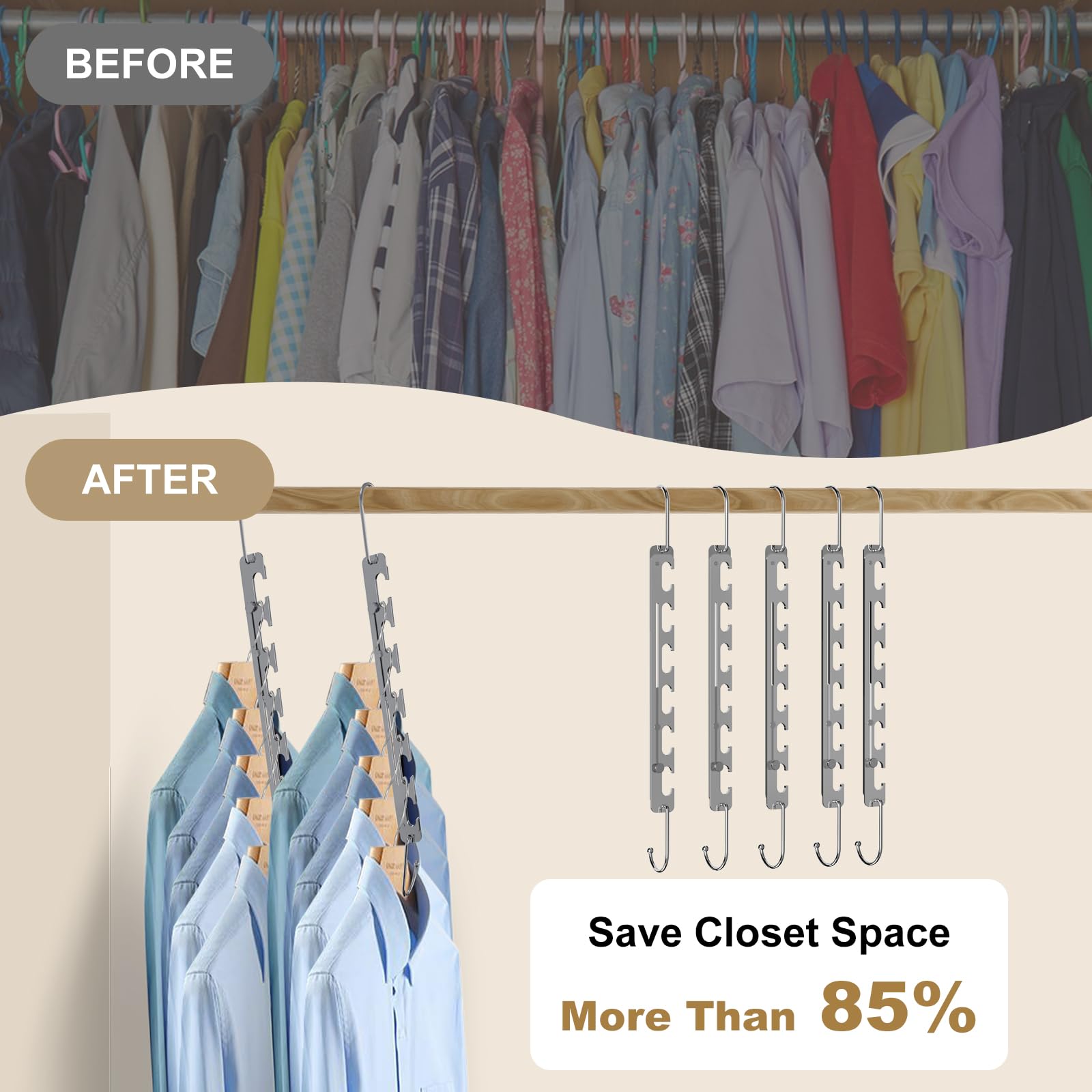Cycleacc Magic Space Saving Hangers, Retractable Closet Hangers with 9 Holes, Multi Hangers Space Saving, Space Saving Hanger for Clothes, Closet Organizers Storage, Dorm Room Essentials (5 Pack)