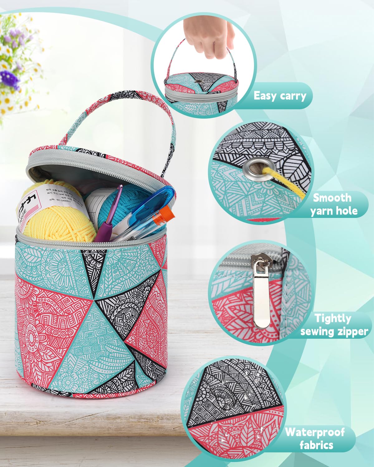 Coopay Small Yarn Storage Bag, Mini Knitting Bag Yarns Drum Case for Carry Yarn Ball, Crochet Kits, Knitting Supplies and Sewing Accessories, for Beginner, Crocheter and Crafter, Blue