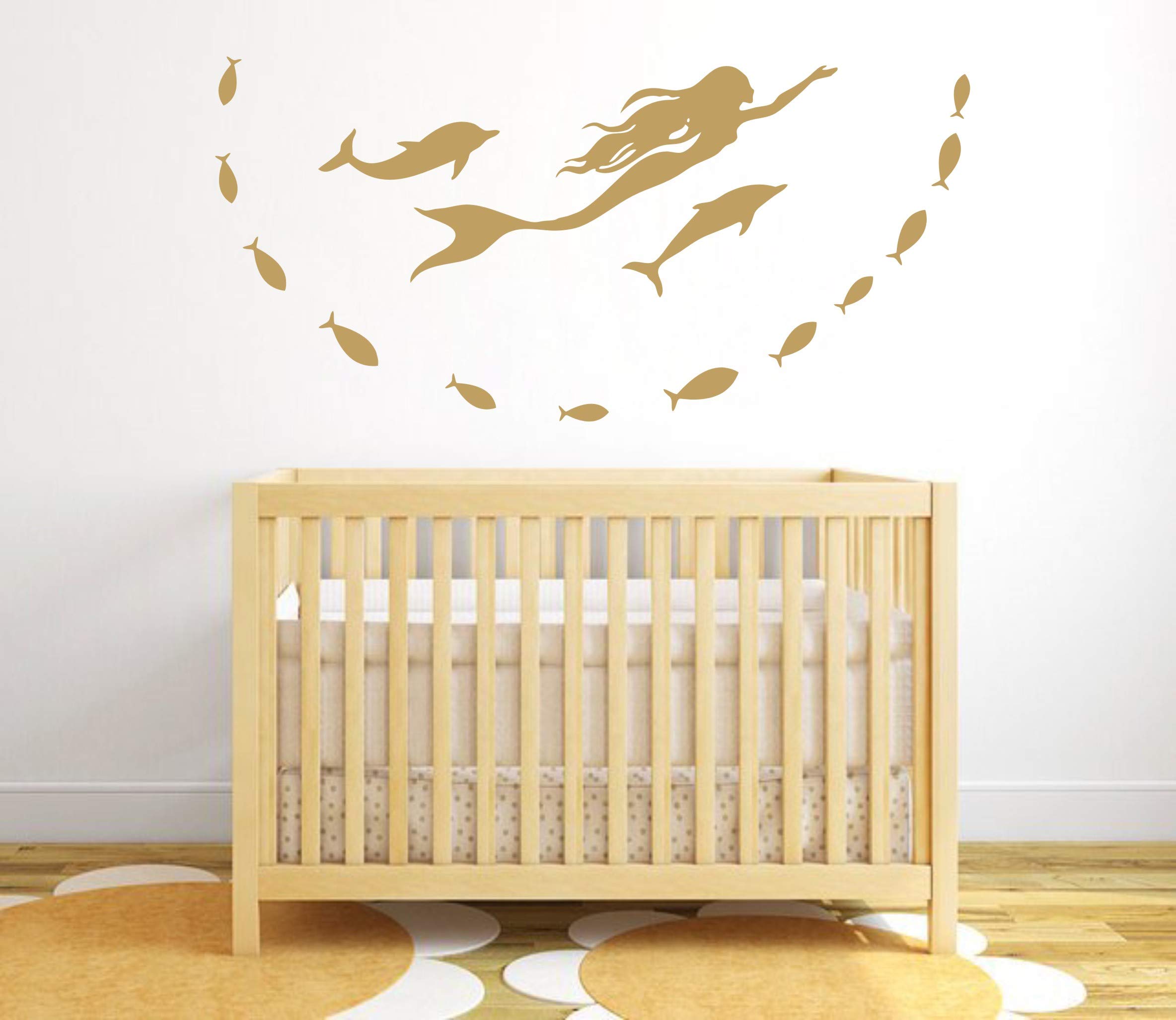Yyart Mermaid Wall Decals, Fish Wall Stickers, Nautical Sea Ocean Dolphin Decal, Vinyl Sticker for Bathroom, Nursery Decor, Home Decor Art Mural A56 (Gold)
