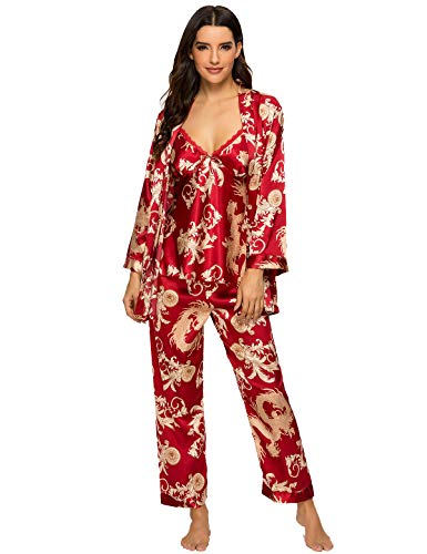 Escalier Women's Silk Satin Pajamas Set 3 Pcs Floral Silky Pj Sets Sleepwear Cami Nightwear with Robe and Pants Wine M