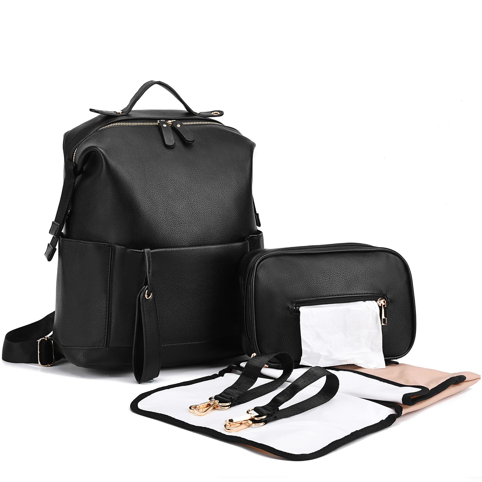 Diaper Bag Backpack for Mom Pu Leather Waterproof Multifunctional Large Capacity Travel Baby Bag with Changing Pad for Boy Girl Stroller Straps 2pcs Black