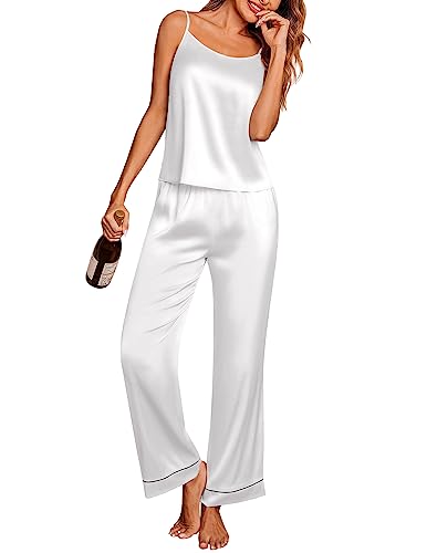 Ekouaer Satin Pajama Set Women Silk Smooth Pjs Sets Comfortable Lingerie Sleepwear Set(Pure White,L)