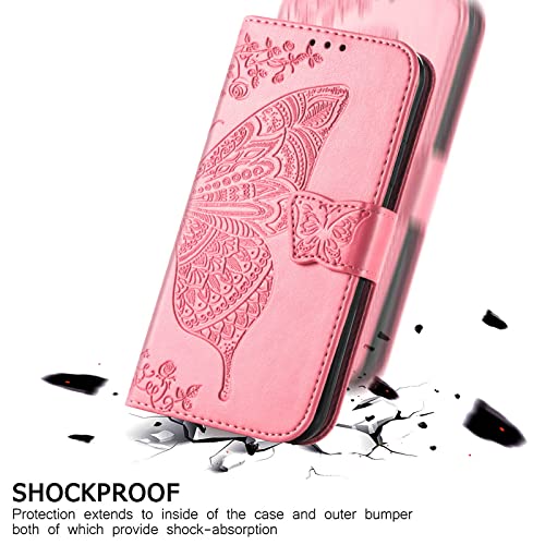 Designed for iPhone 13 Case Wallet for Women,Flip Folio Cover with Butterfly Embossed PU Leather Kickstand Credit Card Holder Slots Magnetic Wrist Strap Protective Phone Case for iPhone 13 (Pink)