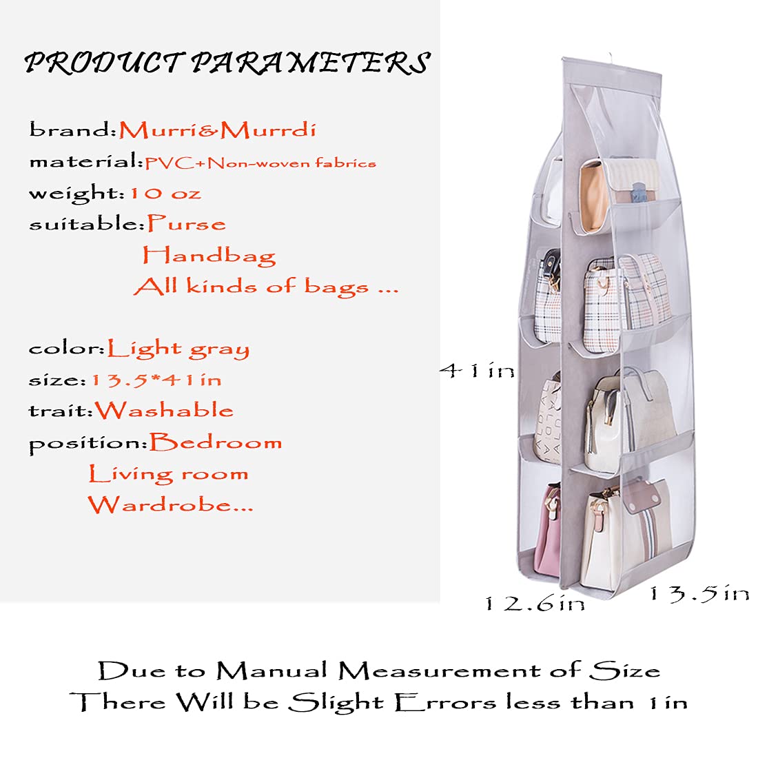 MURRI&MURRDI 2 Packs Hanging Handbag Organizer for Closet, Purse Storage Holder with 8 Easy Access Clear PVC Pockets, Purse Hanger for Wardrobe Space Saving Organizer (2 Gray)