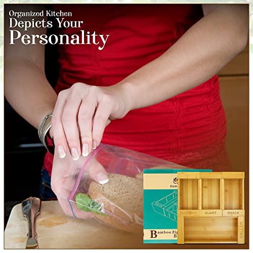 EGO VINA Ziplock Bag Storage Organizer – 4-in-1 Bamboo Ziplock Bag Organizer for Drawer – Baggie Organizer for Quart, Gallon, Snack, Sandwich Bags – Ziplock Bag Holder for Kitchen Drawer Organization