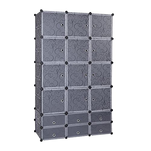 Cffuvros 18-Cube DIY Plastic Closet Cabinet, Storage Cube Organizer with Doors and Clothes Rod, Stackable Closet Shelf for Bedroom, Plastic Space Saver for Home, Living Room, Office