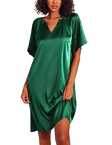 Ekouaer Silk Night Gown for Women Satin Night Shirts for Sleepwear Short Sleeve Pj Dress Soft Lounge Dress (Dark Green, M)