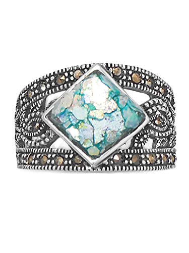 AzureBella Jewelry Ancient Roman Glass Ring with Marcasite Band Sterling Silver