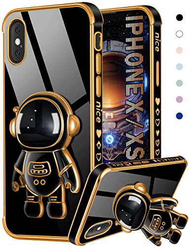 Coralogo for iPhone X/iPhone Xs Case Astronaut Cute for Women Girls Girly Unique Black Phone Cases with Astronaut Hidden Stand Kickstand 6D Design Cover for iPhone X/XS 5.8 inch
