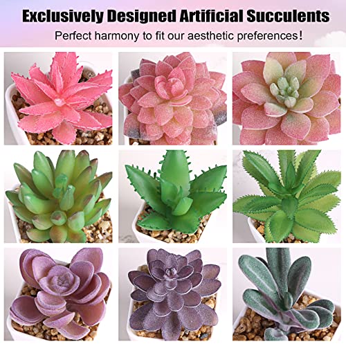 CEWOR 9pcs Artificial Succulent Plants in Pots, Faux Succulents Small Potted Fake Plants with Plastic Pots for Office Home Desk Shelves Bedroom Decoration