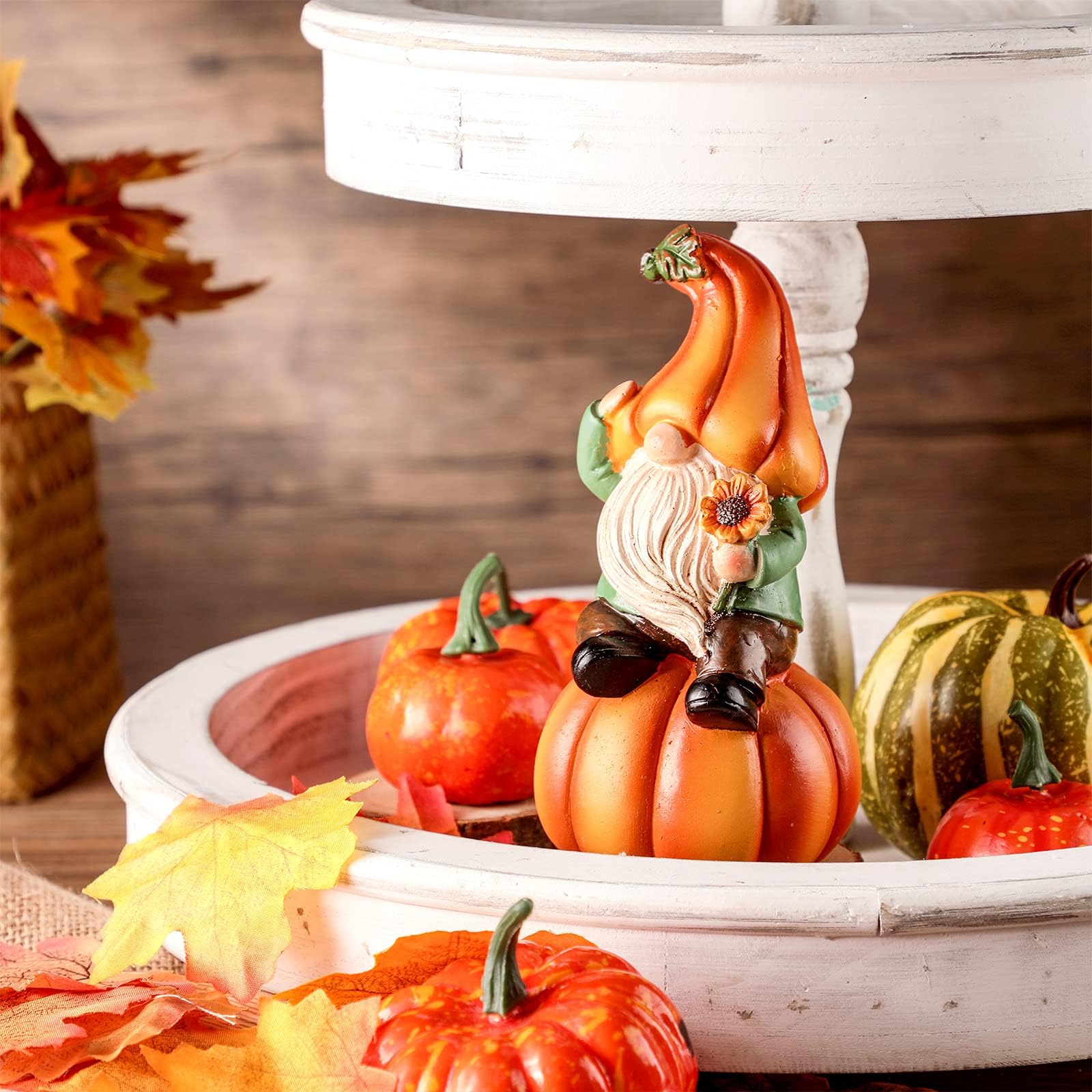 Jetec Fall Gnomes Statue Decor, Thanksgiving Gnome Pumpkin Gnome White Beard Gnome Statue Fall Pumpkin Fairy Statue Resin Pumpkin Decor Garden Yard Lawn Ornament Gift, 6.7 Inch Tall