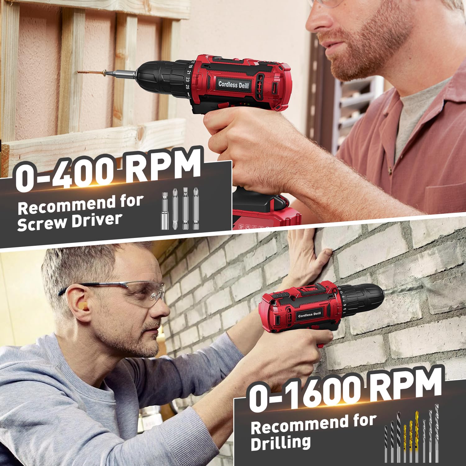Cordless Drill 20V, Drill Set with 42pcs Accessories and Battery 2.0Ah, Electric Drill 25+1 Position, 2 Speed, 3/8 Inch Keyless Chuck, LED Light, Power Drill for Home DIY and Garden Repair