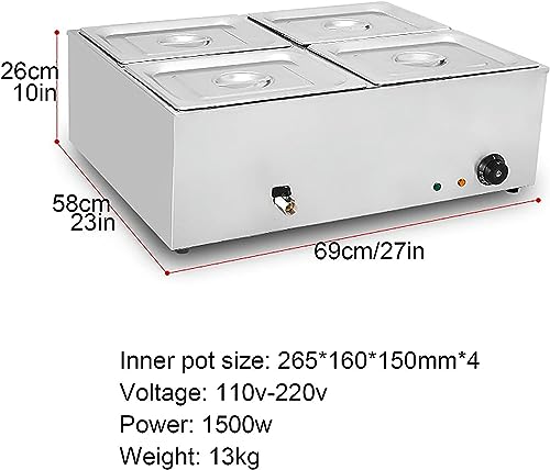 Commercial 1500W Electric Food Warmer, Stainless Steel Steam Table Buffet Server Food Warming Tray, Temperature Control, for Catering and Restaurants
