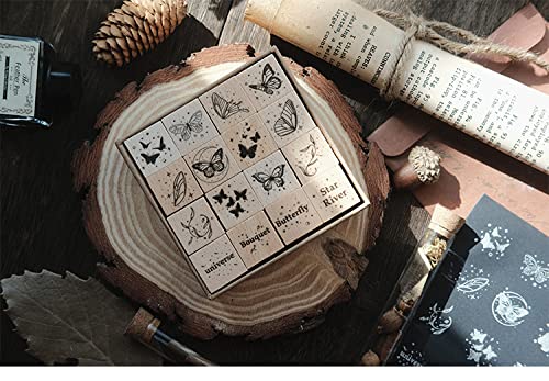 Cliocoo 16cs Wood Rubber Stamp Set, Moon&Star Decorative Wooden Stamp Set, Universe Planet Stamp for Art Craft, Journal, Diary, Scrapbook, Planner, Letter, Card Making M-26 (5-Butterfly)