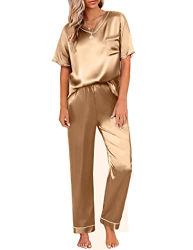 Ekouaer Womens Short Sleeve Satin Silk Pajama Set 2 Pieces Loungewear Sleepwear Long Pajama Pant Set Champagne