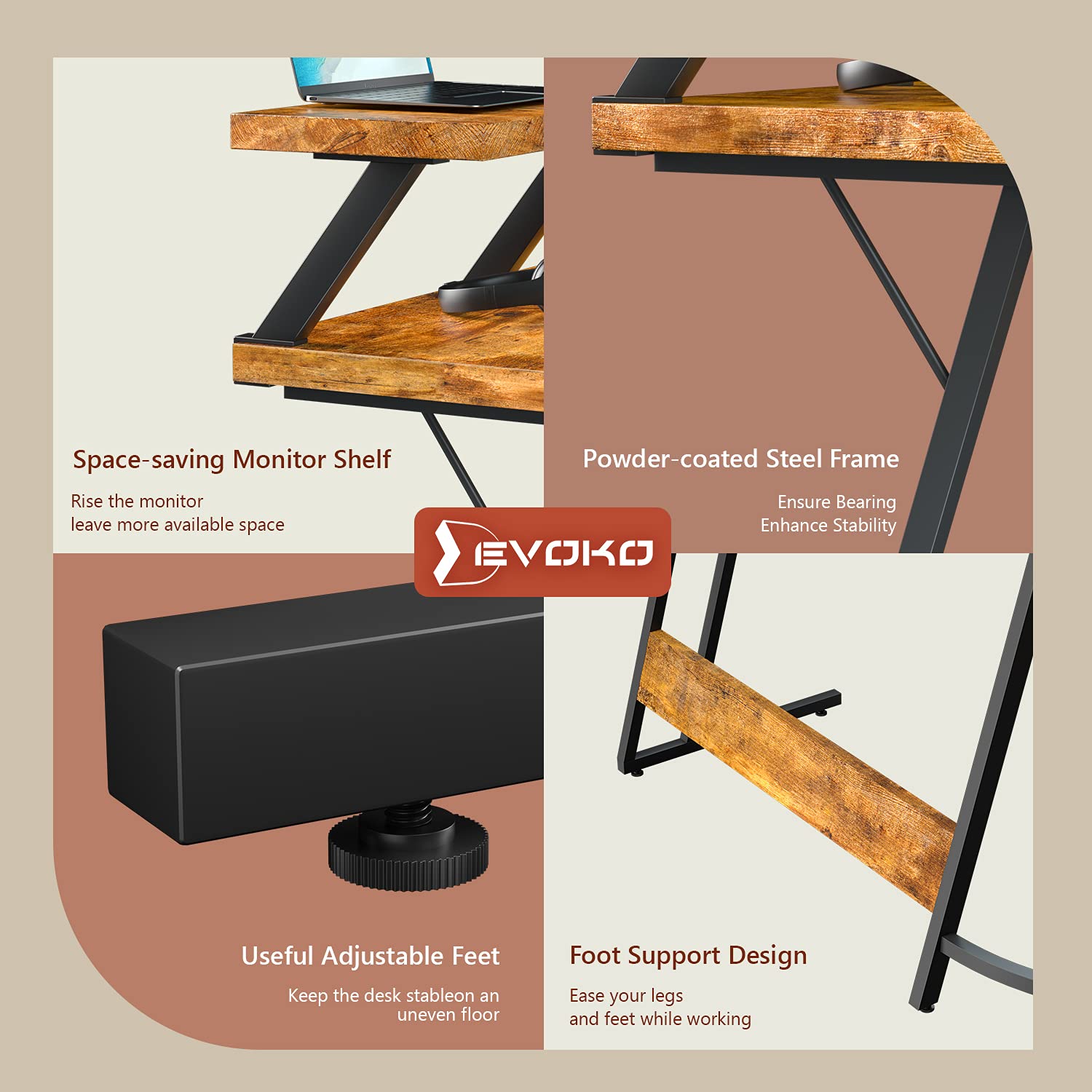 Devoko L Shaped Gaming Desk Computer Desk 51β Office Corner Desk with Monitor Stand Home Gaming Writing Study Table Workstation for Small Space (Rustic Brown)