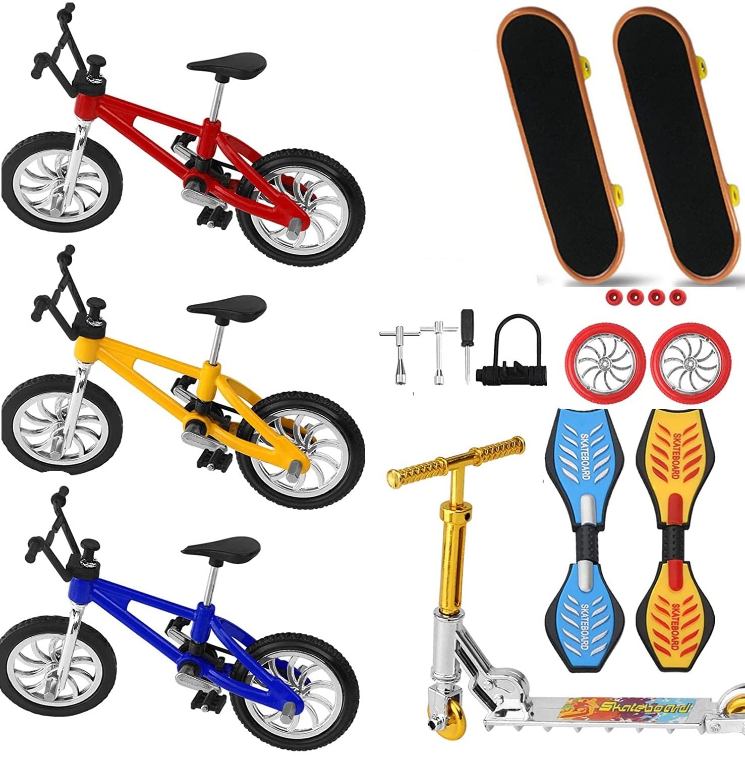 Krealightioo 18PCS Mini Finger Toys Set, Finger Skateboards, Finger Bikes, Mini Scooters and Matched Wheels and Tools Accessories Toys Gifts for Party Favors