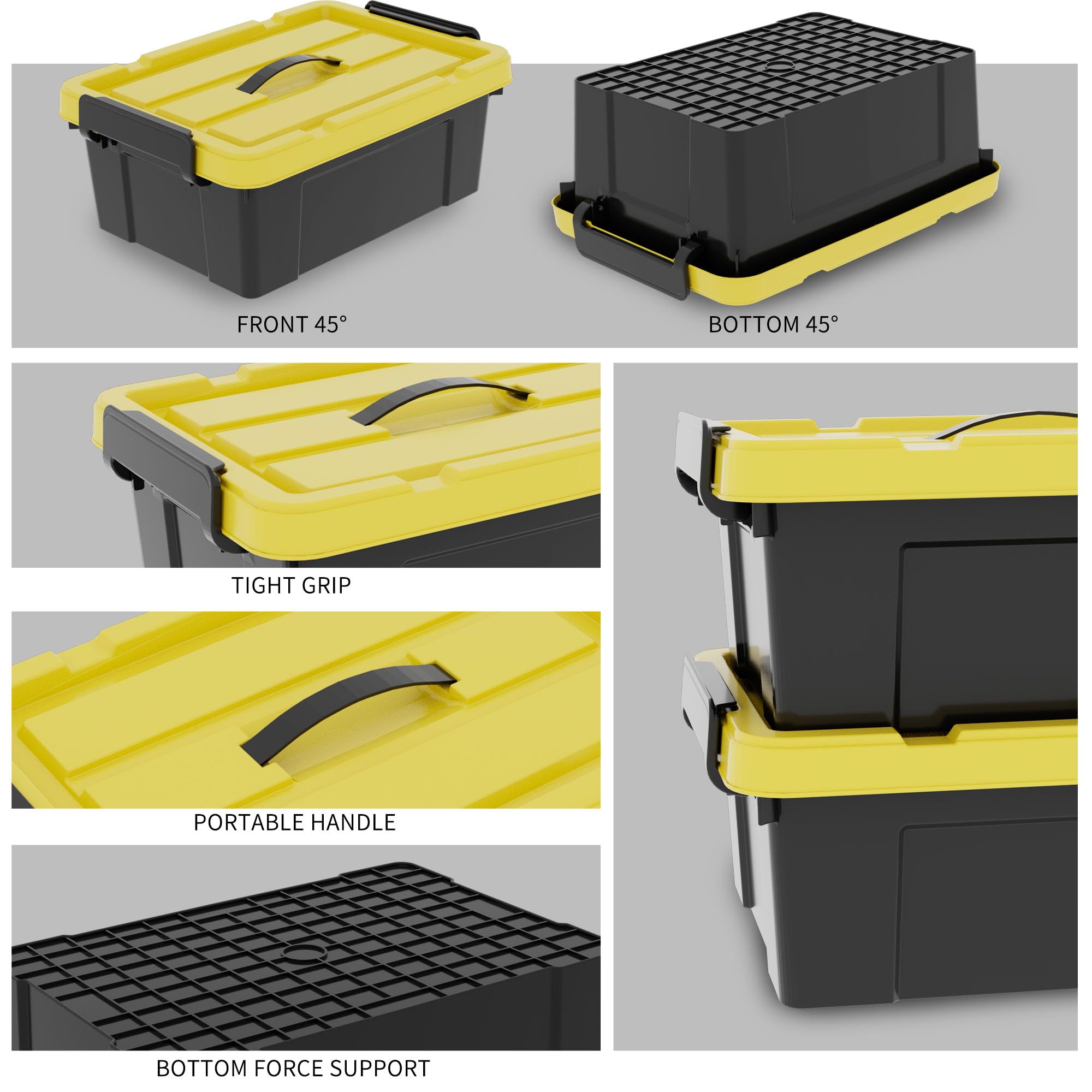 Cetomo 16Qt*4 Durabilt Flip Lid Stackable Heavy Duty Tough Storage Container Tote, Plastic Storage Bins, Storage Box, Black Base with Yellow Lid (4 Pack)