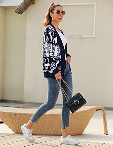 Cowasto Women's Reindeer Knitted Christmas Cardigan Sweater Comfy Button Up Casual Open Front Festive Sweaters Navy Blue X-Large
