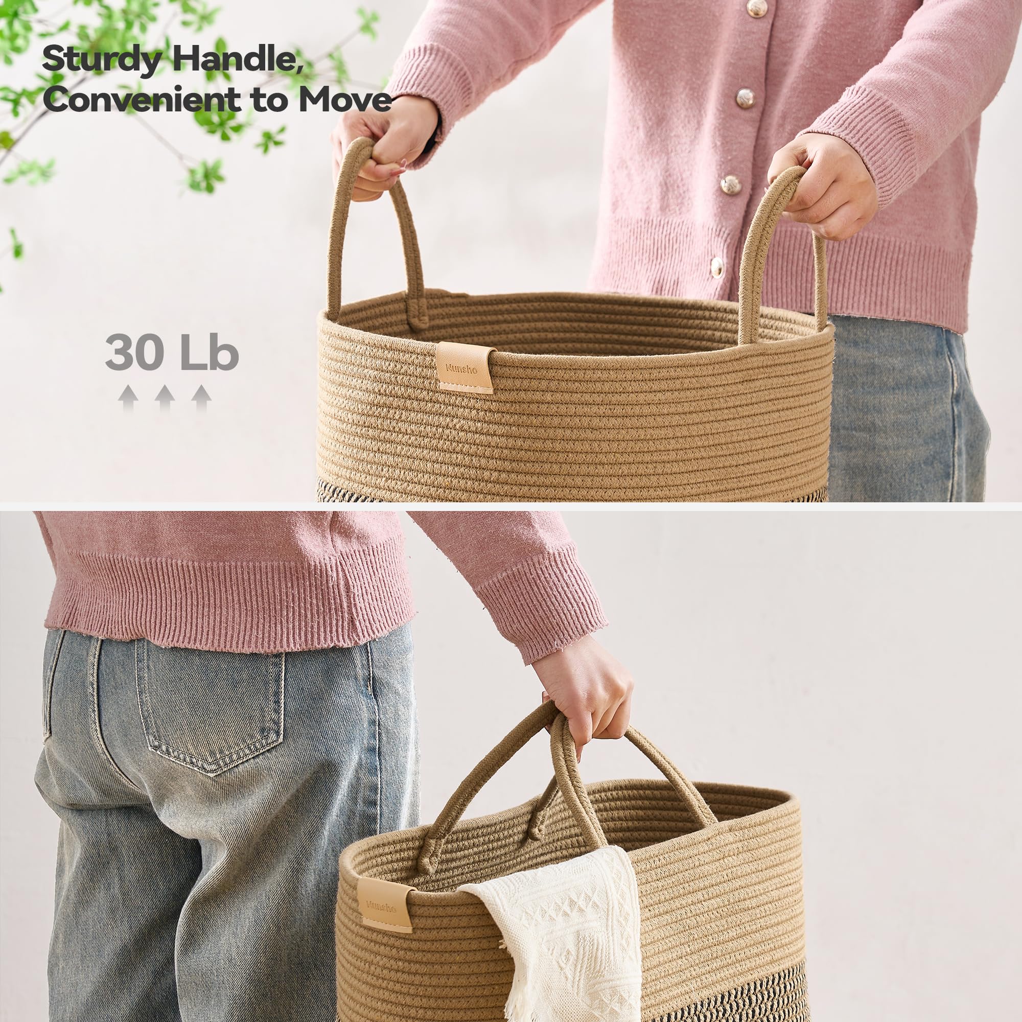 Nunsino Cotton Rope Laundry Hamper Basket,Baby Nursery Woven Storage Basket for Toys Bin,Pillows, Blankets,Clothes (Dark&Brown, 62L*2)