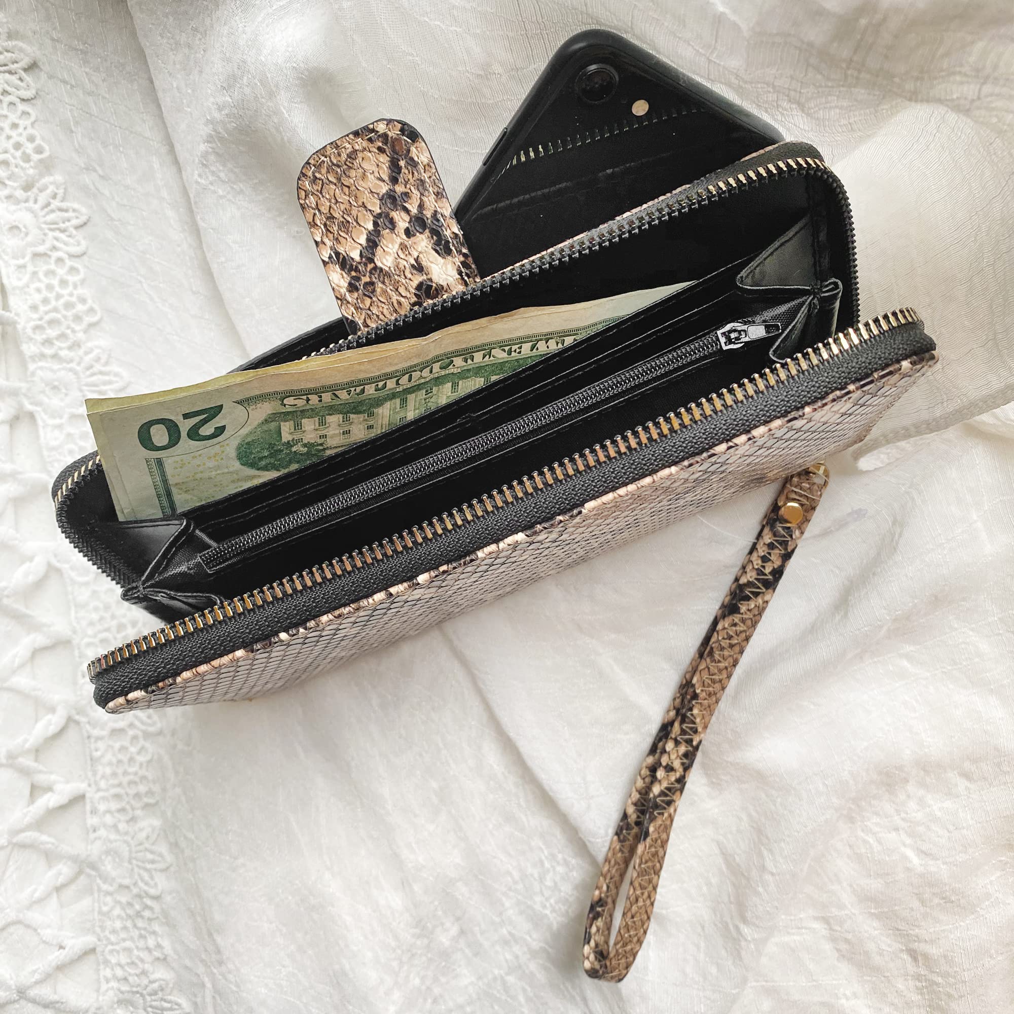 Rebecca & Rifka Faux Python Snakeskin Zip Around Wristlet Wallet with Phone Pocket
