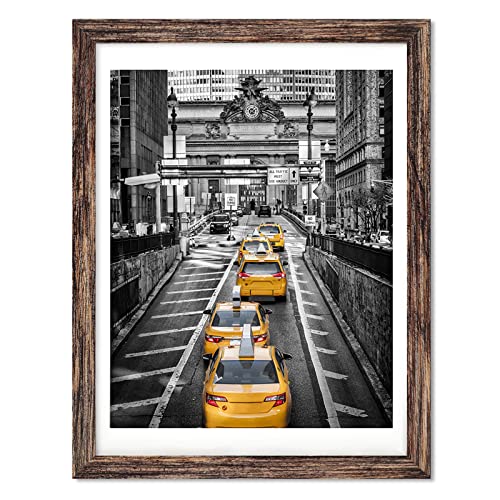 Finefrarm 12x16 Frames Display Pictures 11x14 with Mat or 12x16 Photo Without Mats Farmhouse Distressed Brown Picture Frames Wall Art for Living Room Wall Mounting Decor
