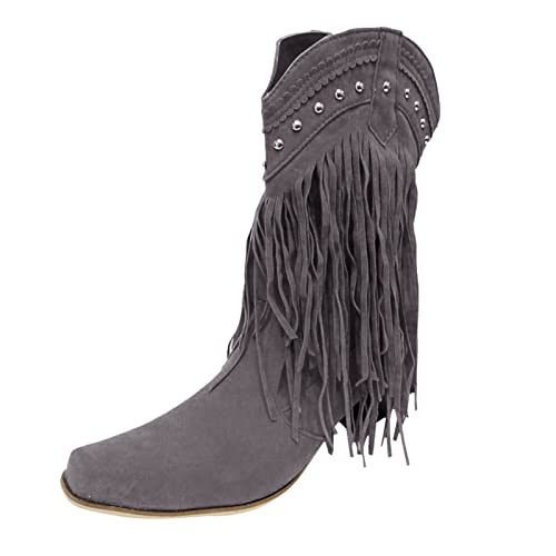 Cowgirl Booties for Women Boots Heel Retro Chunky Tassel Mid-Calf Fringe Casual White Rave Boots Chunky Block Heel Square-Toe Slip on Platform Knee High Boots