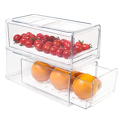 elabo 2 Pack Stackable Refrigerator Organizer Drawers with Removable Drain Tray, Fridge Organizer Bins, Pull Out Food Storage Container Bins with Drawer for Freezer and Kitchen, BPA-Free