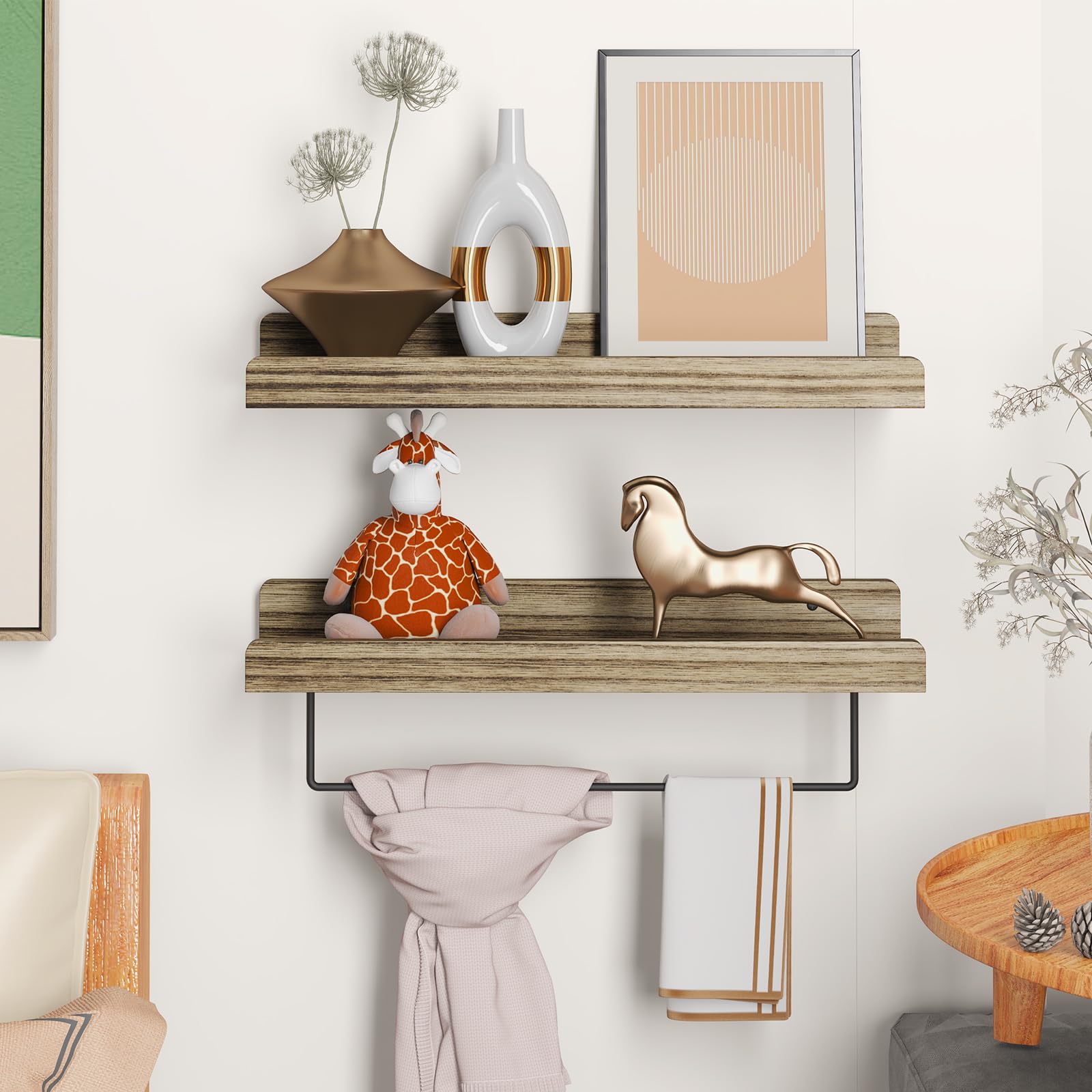 Fixwal Bathroom Floating Shelves Set of 2, Wall Mounted Shelves with Towel Rack, Ledges for Bathroom, Kitchen, Nursery (Light Brown)