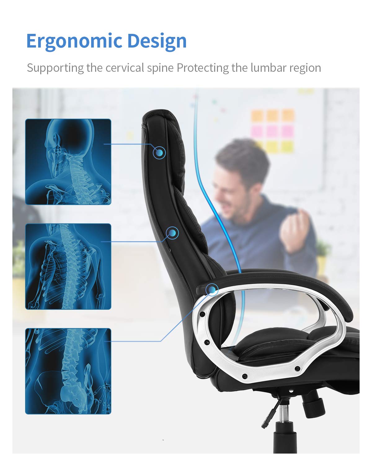 Office Chair Massage Desk Chair High Back Adjustable Ergonomic Computer Chair with Lumbar Support Headrest Armrest Task Chair Rolling Swivel PU Leather Executive Chair, Black
