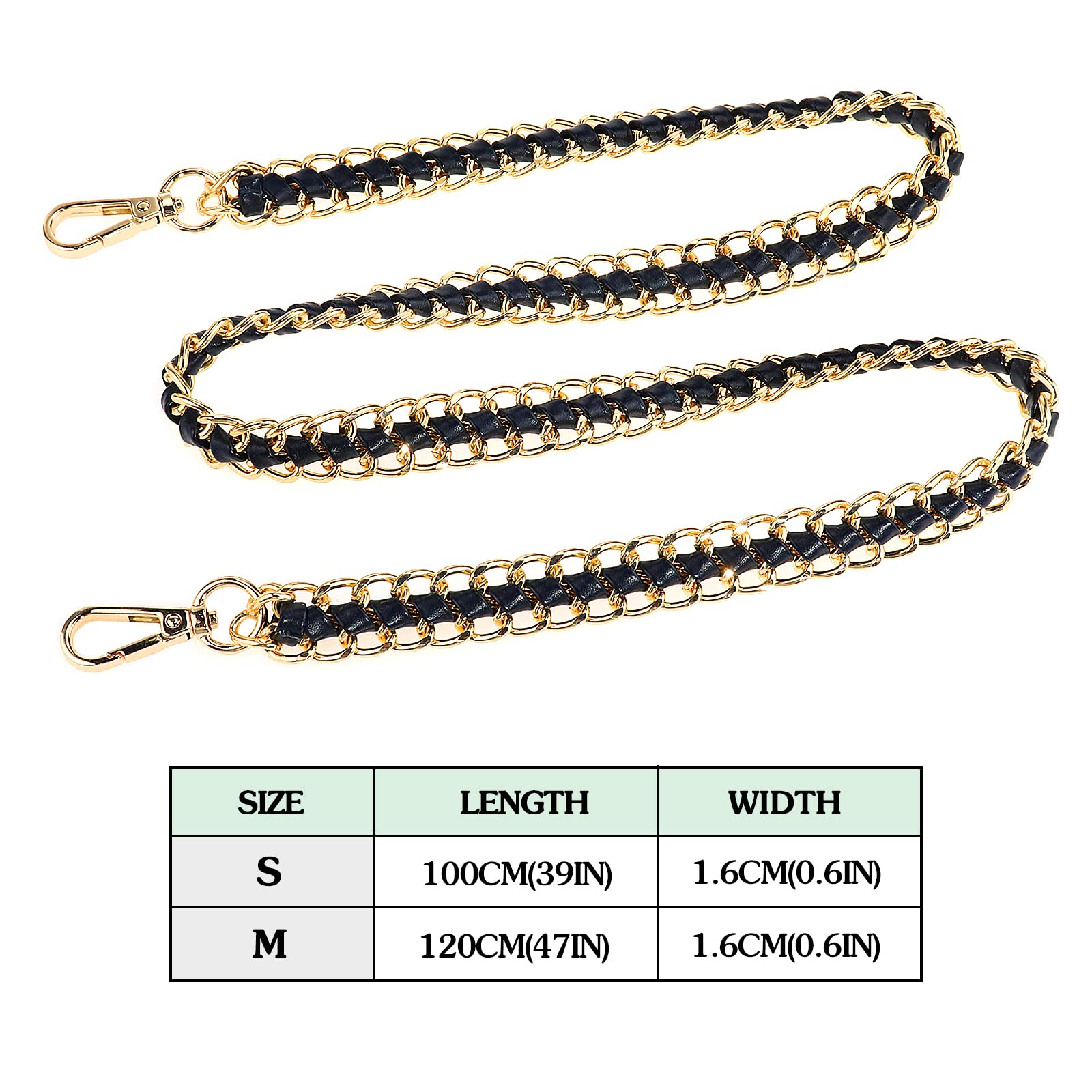 Glamorstar Gold Purse Chain Strap Vintage Woven Leather Replacement Chain Straps for Crossbody Bags Shoulder Handbag Satchels Wallets Black 120cm/47in
