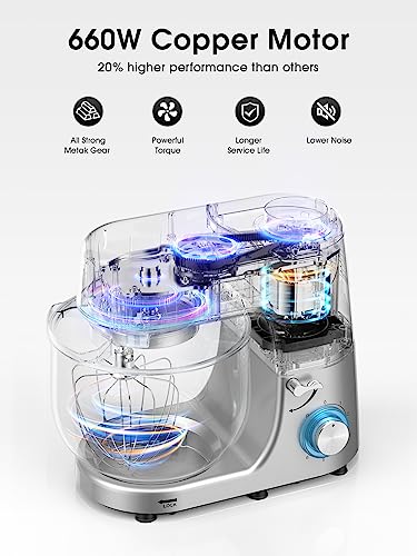 KUCCU Stand Mixer, 8.5 Qt 660W, 6-Speed Tilt-Head Food Dough Mixer, Electric Kitchen Mixer with Dough Hook, Flat Beater & Wire Whisk, Mixing Bowl (8.5-QT, Silver)