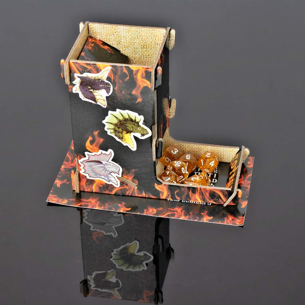Dice Tower Kit Printed with Fire Design DND Dice Roller with Dragon Stickers for RPG, MTG and D&D Pathfinder Games…