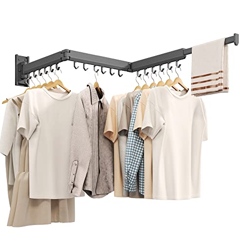 CHAHUANV Wall Mounted Clothes Drying Rack,Laundry Drying Rack Wall Mount,Laundry Clothes Hanger,Drying Rack Clothing,Retractable Laundry Rack for Hanging Clothes,Collapsible,Foldable,Grey-Hooks