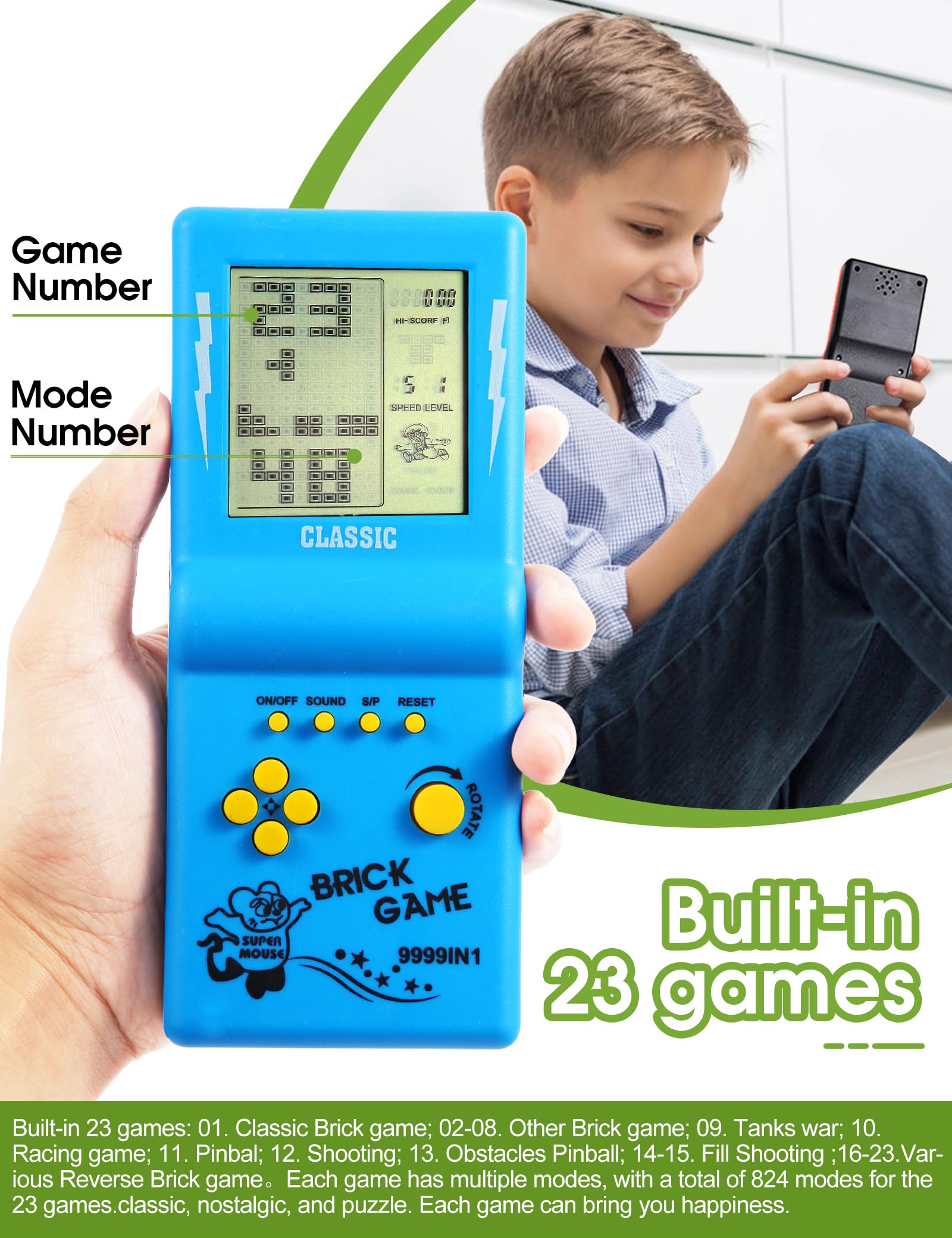 HLF 3.5-inch Large Screen Retro Brick Game Console for The 80s/90s Building Block Game Racing/Tank Game Built-in 23 Classic Games Nostalgic Puzzle Children's Game Console (Blue)