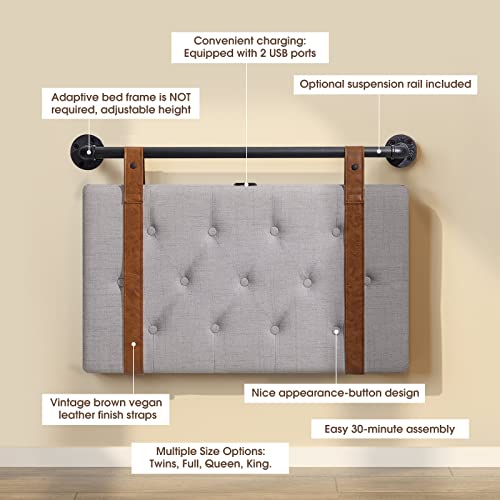 GREENSTELL Wall Mount Headboard with USB for King Size Bed, Linen Fabric Headboard Only, Industrial Pipe Modern Style, Gray Hanging Head Boards, Durable, Comfortable, Button Upholstered for Bedroom