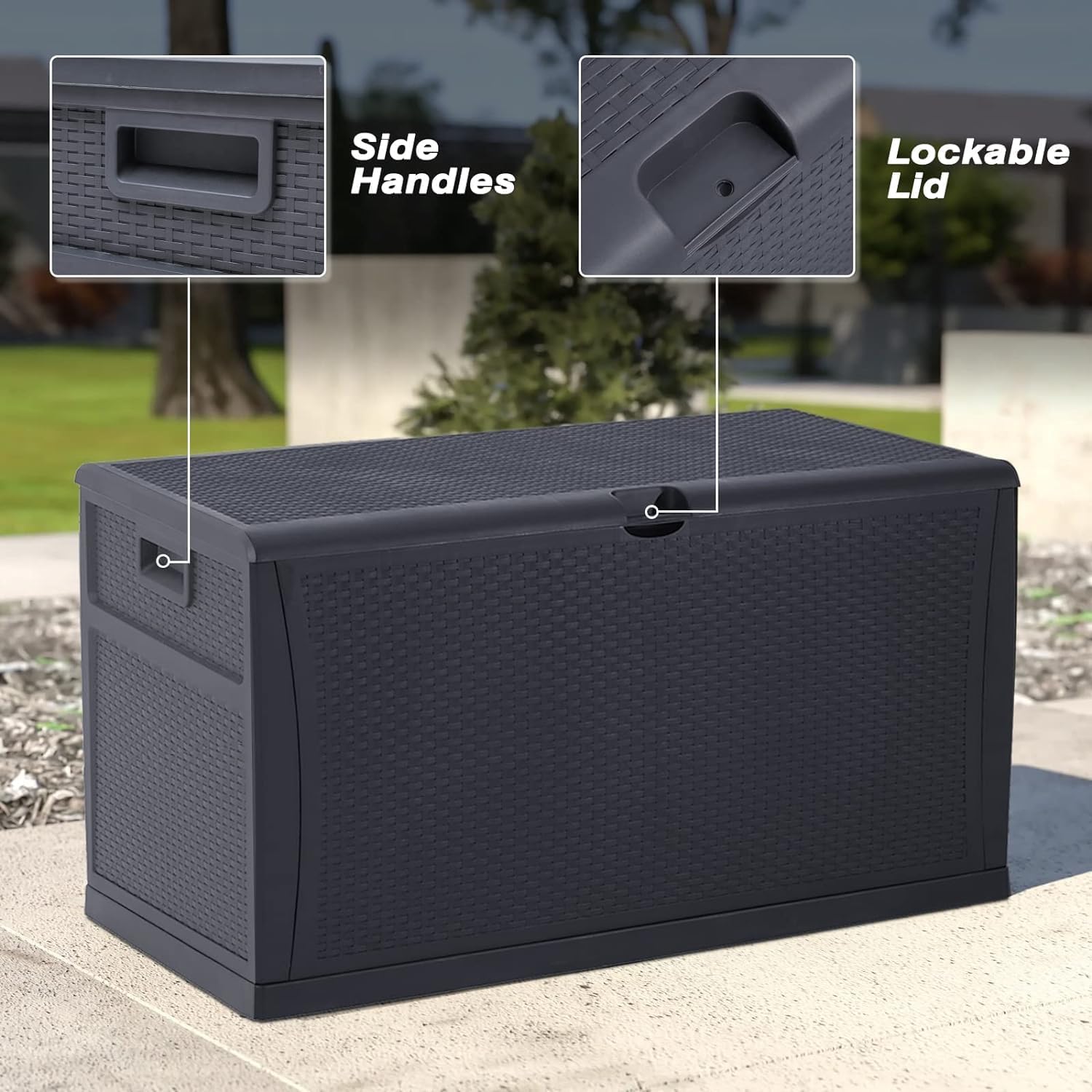 Brightpeak 120 Gallon Outdoor Storage Deck Box Gray Wicker Pattern Container Cabinet Storage for Patio Furniture Cushions, Pillows, Garden Tools, Black