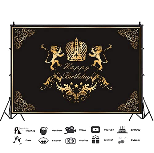 CSFOTO 7x5ft Polyester Happy Birthday Backdrop for Men Black Gold Birthday Banner Lion Birthday Backdrop King Crown Backdrop Lion Birthday Party Supplies Men Birthday Background