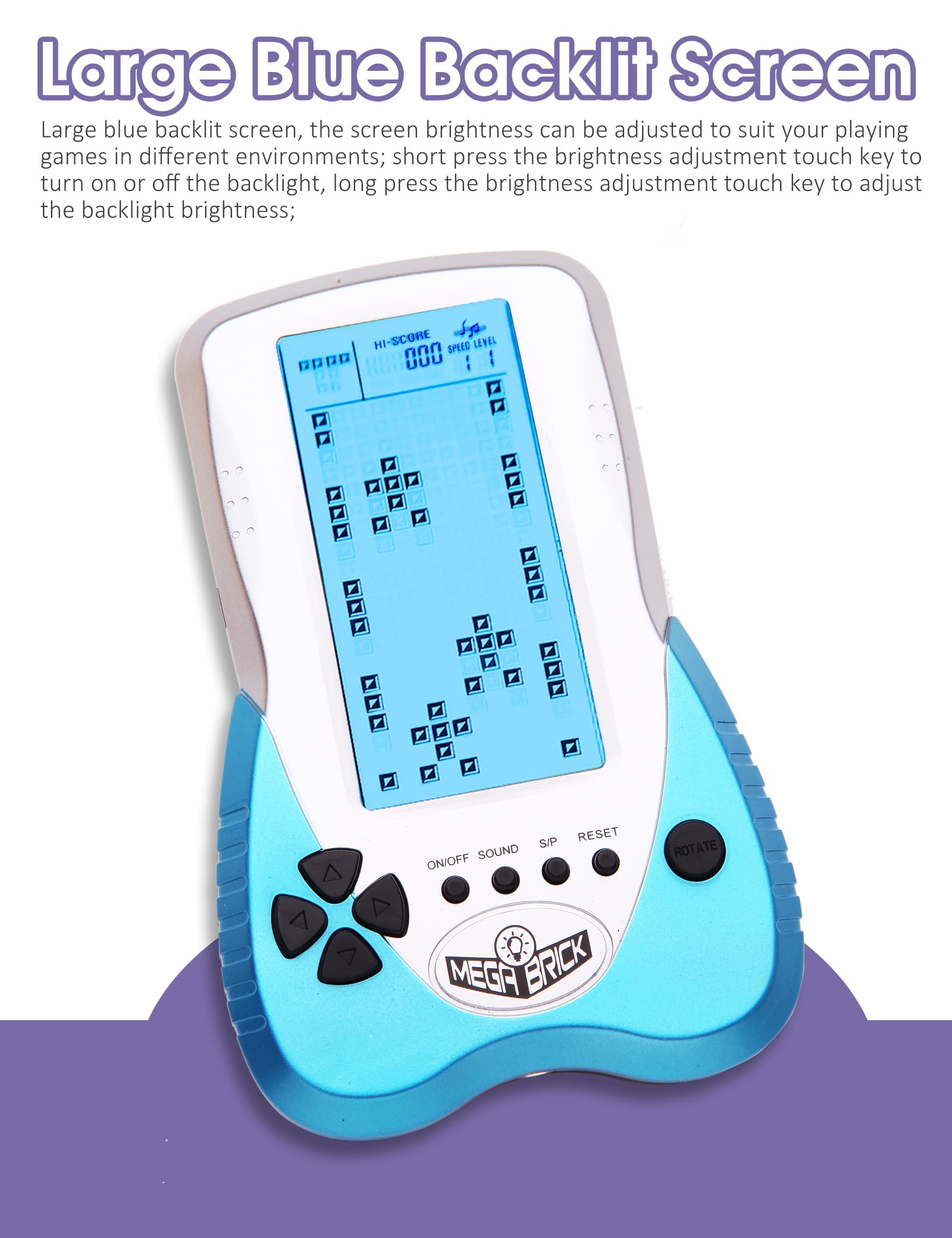 HLF New Retro Block Brick Game Console Large Screen Blue Backlight Brightness can be Adjusted Build in 23 Game Compatible with Lithium Battery/AAA Batteries can Plug in Headphone (Blue)
