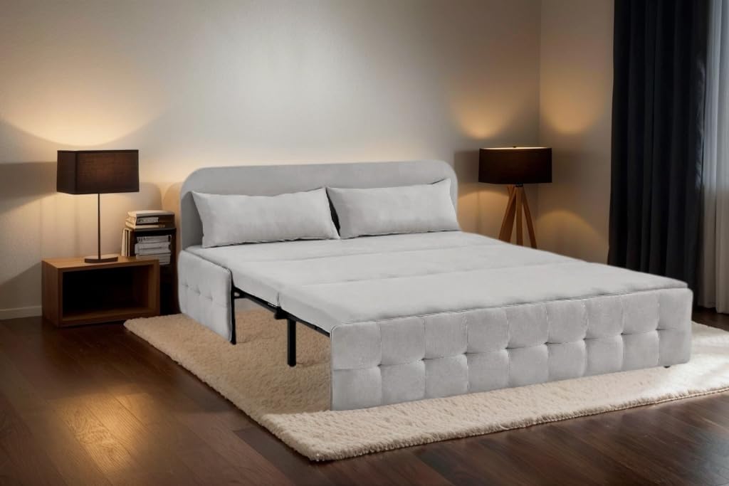 CECER Queen Size Pull Out Sofa Bed, Guest Couch Bed with 2 Pillows, Velvet Convertible Sleeper Sofa with Foldable Mattress, 3 in 1 Armless Loveseat Bed for Living RoomďźSmall Space(Light Grey)