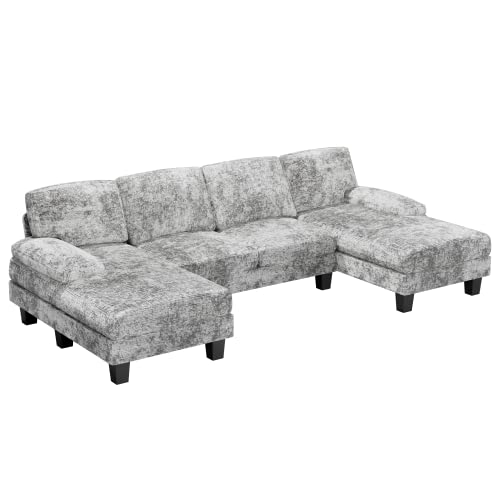 Flamaker Convertible Sectional Sofa Couch, Modern Fabric U-Shaped Living Room Furniture Set, 4-Seat Sectional Sleeper Sofa with Double Chaise & Memory Foam (Grey)