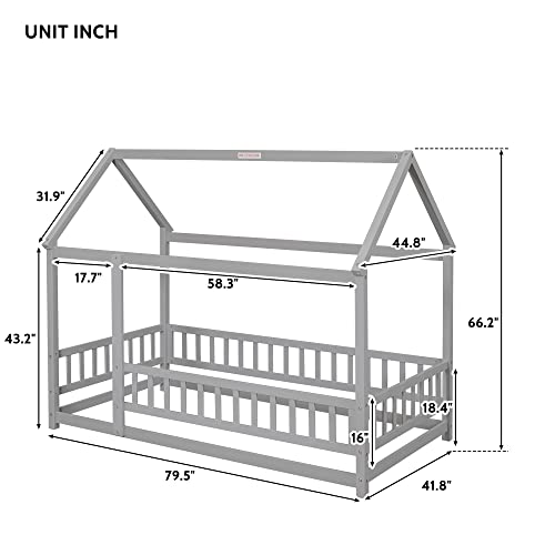 DEYOBED Twin Size Wooden Bed with House Roof Frame and Fence Guardrails, Twin Size Floor Bed Frame for Children - Gray Floor Bed