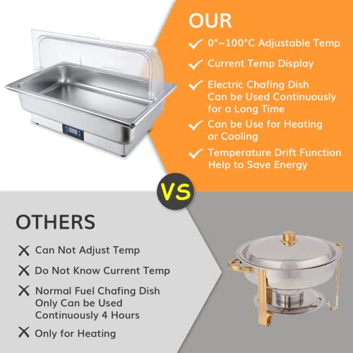 Electric Chafing Dish 9 QT Adjustable 0°C~100°C Roll Top Full Size Auto ShutOff Stainless Steel Buffet Servers and Warmers, Temp Display Programmable Food Warmer Transparent Lid Chafers for Catering