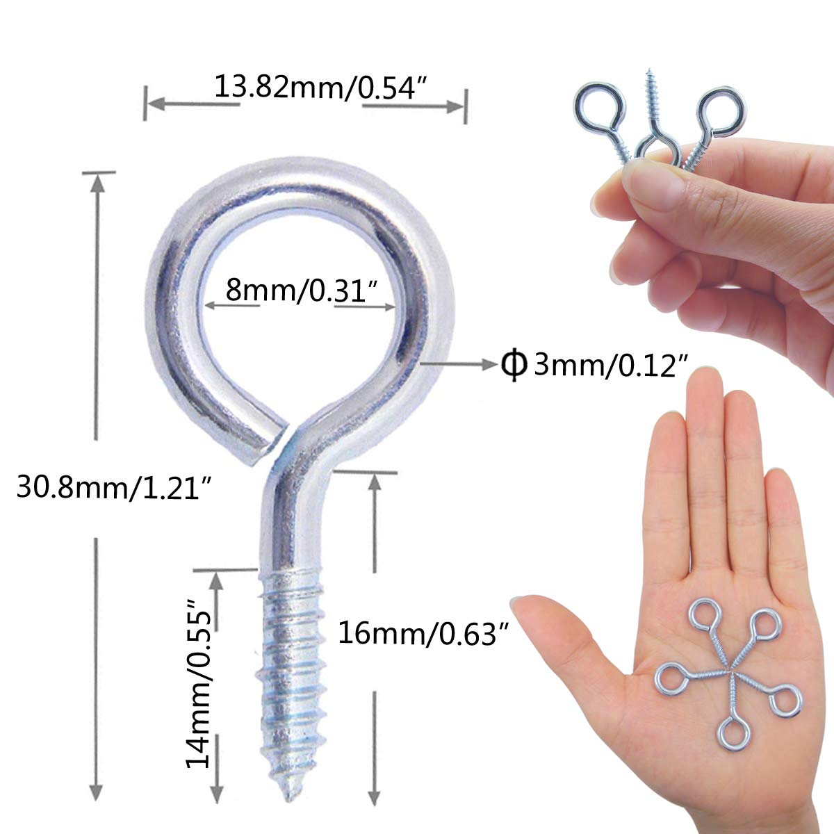 Shells 50PCS 6# Silver Color Zinc Plated Metal Cup Hooks Eye Shape Screw Hooks Self-tapping Screws Hooks Ring 1.18 Inches