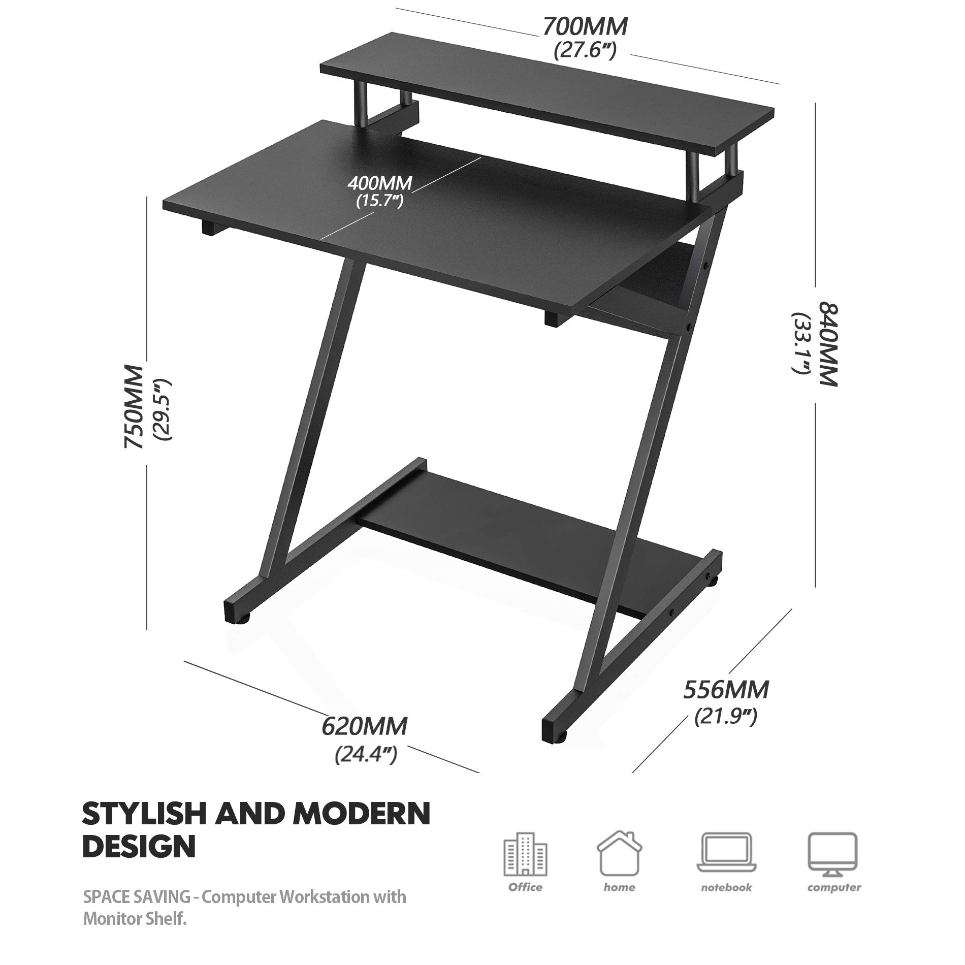 FITUEYES Computer Desk for Small Spaces,27.6" Z-Shaped Compact Study Table with Monitor & Bottom Shelves for Home Office, Black