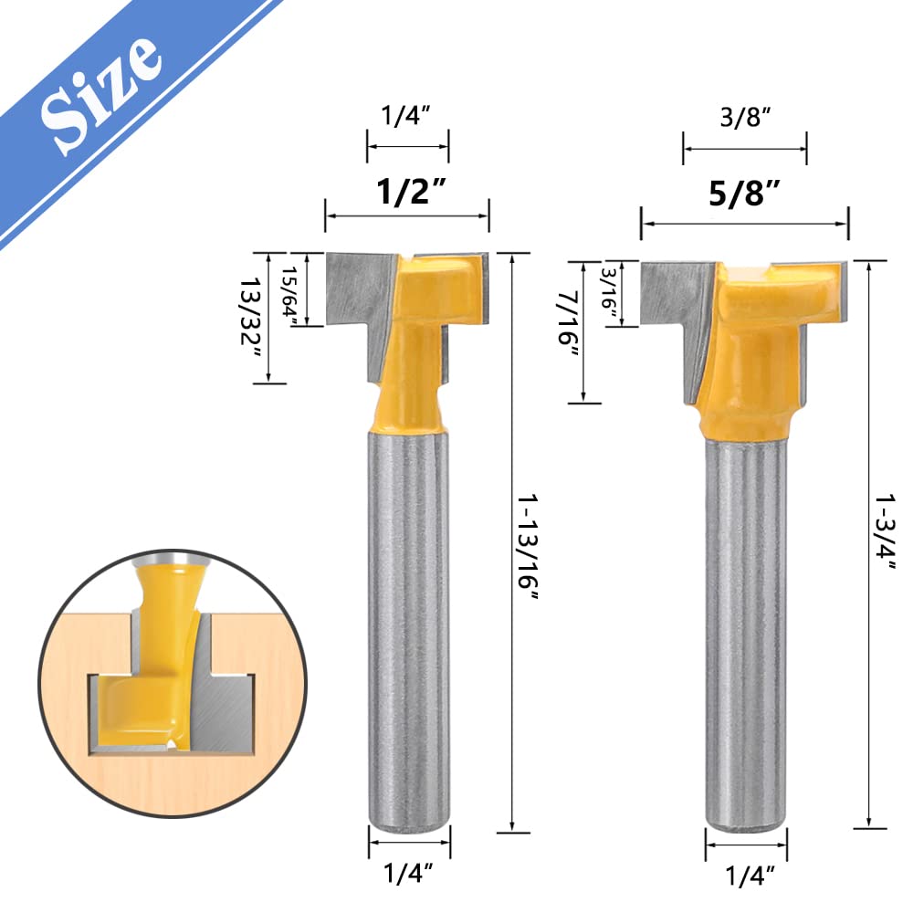 Mesee 5 Pieces T-Slot Router Bit Set, 1/4 Inch Shank T Slotting Keyhole Router Bits Woodworking T-Track Grooving Milling Cutter Tool for 5/16", 3/8", 1/2", 7/16", 5/8" Hex Bolts
