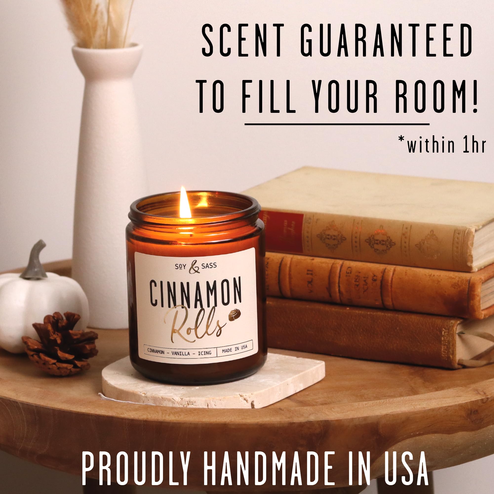 Cinnamon Candle, Fall Candles, Christmas Candles - 'Cinnamon Rolls' Autumn Scented Soy Candles for Home, 9oz Reusable Jar, 50Hr Burn, Made in USA