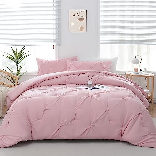 DOWNCOOL King Size Comforter Set - Pintuck Bedding Comforter Sets, 3-Piece Set, 1 Pinch Pleated Comforter and 2 Pillowcases, Soft Bedding Comforters & Sets for All Season, Pink Comforter King Size